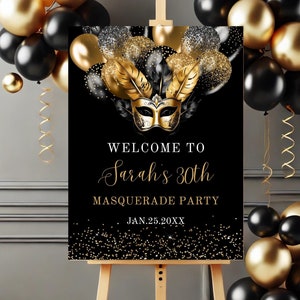 Masquerade Party Welcome Sign Black and Gold Mask Welcome Sign ...
