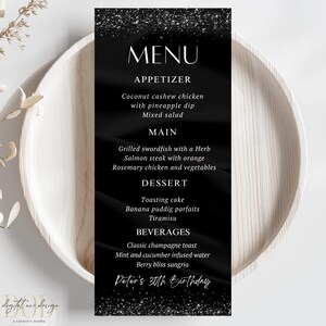 Editable Black Menu Card Template, Elegant Black Satin & Glitter Design ...