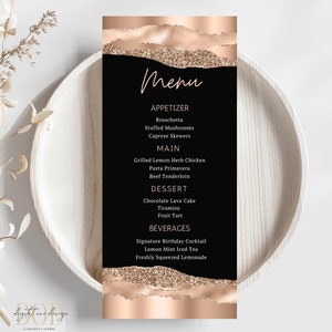 Glam Rose Gold Menu Card Template, Rose Gold & Black Theme Party ...