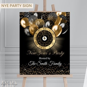 NYE New Years Eve Party Welcome Sign, Elegant Black & Gold Balloons ...