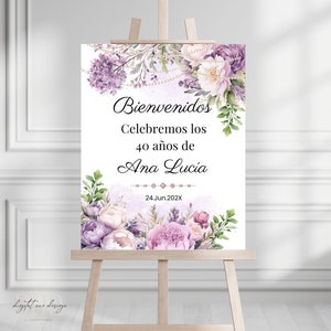 Elegant Spanish Welcome Sign, Purple Florals and Pearls, Printable ...