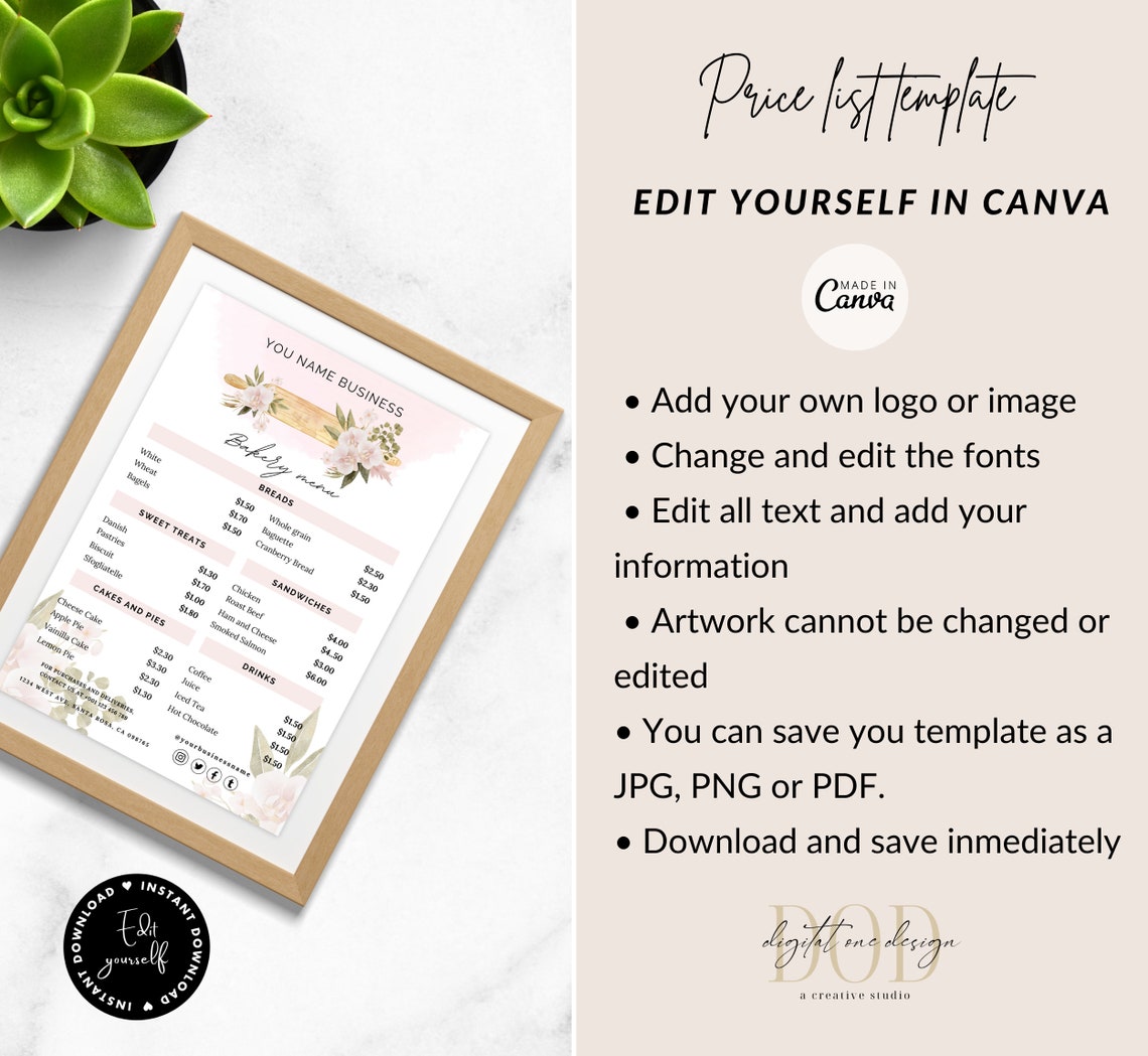 Bakery Price List Template, Coffee Shop Menu Printable, Pastries ...
