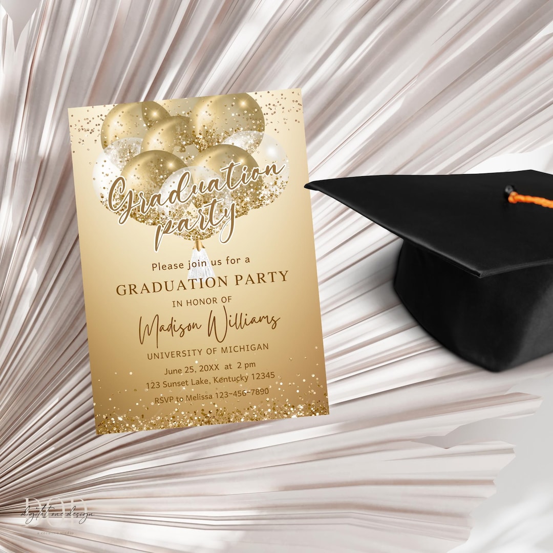 Elegant Gold Graduation Party Invitation Template With Photo, Editable ...