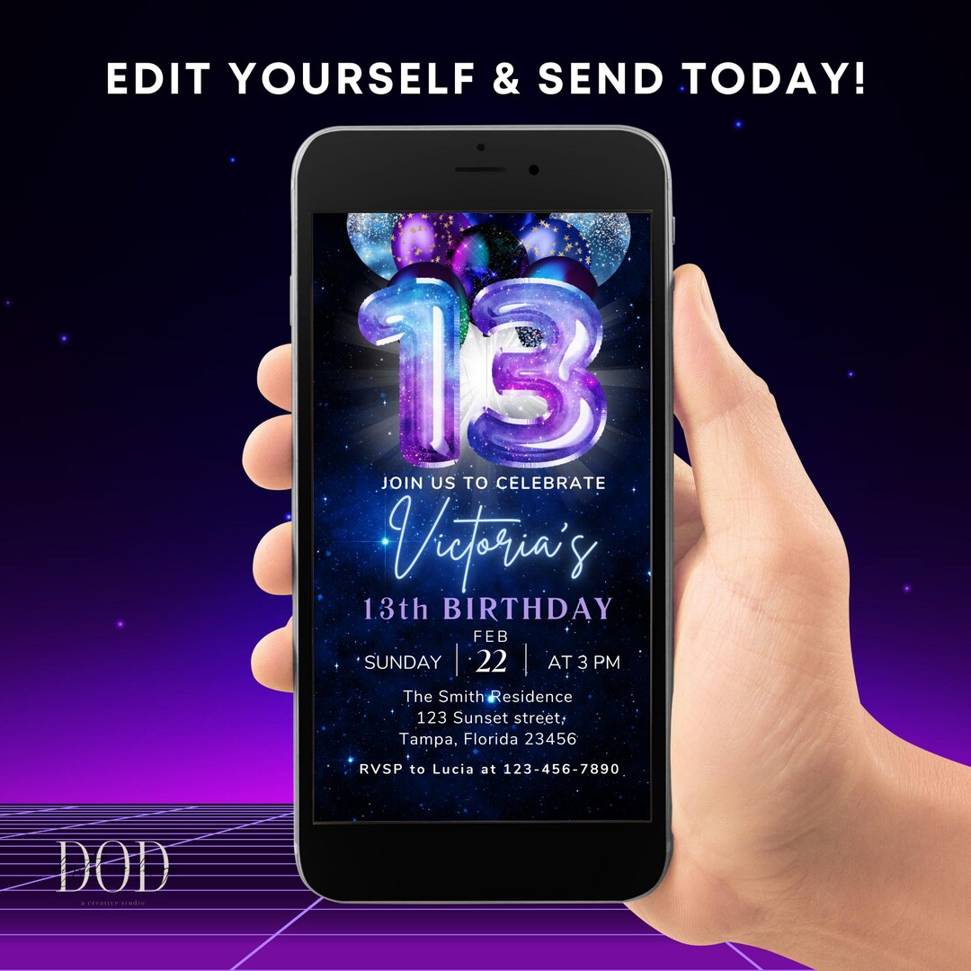 Digital 13th Birthday Invitation, Galaxy Balloons Theme, Starry Night ...