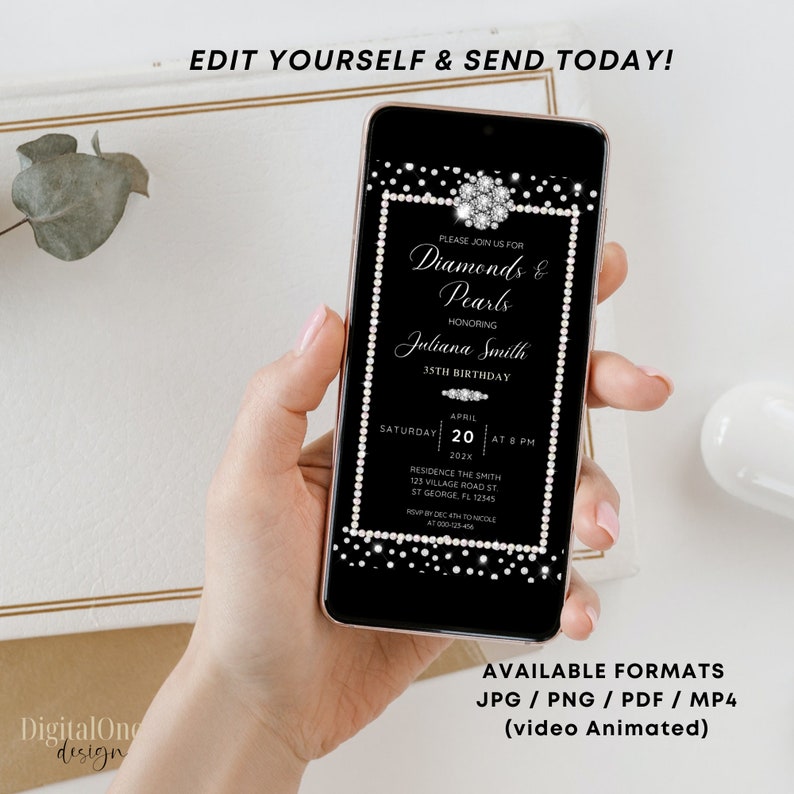 Diamonds and Pearls Birthday Party Invitation, Black Elegant Any ...