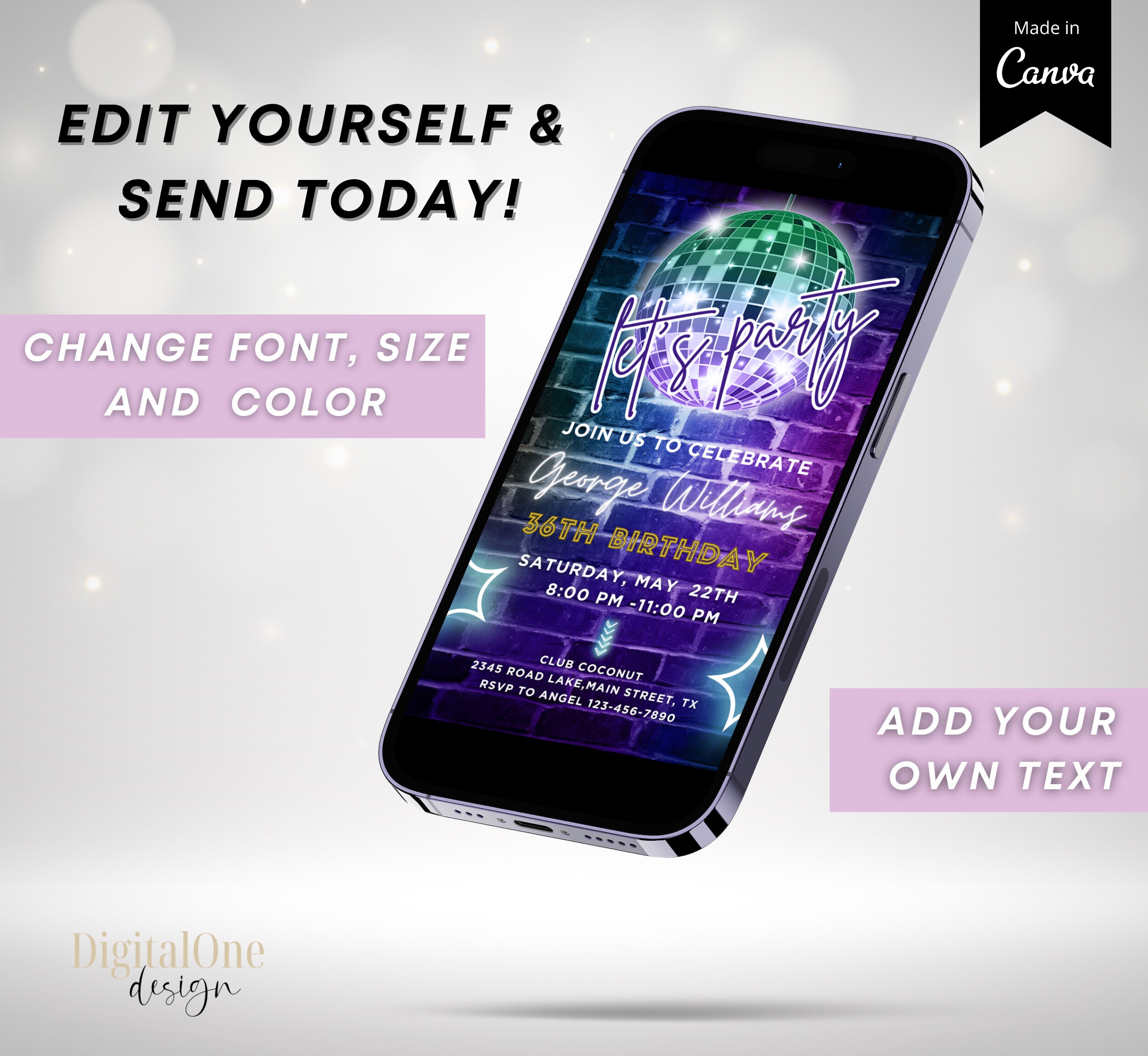 Disco Birthday Invitation, Electronic Neon Birthday Invitation, Disco ...