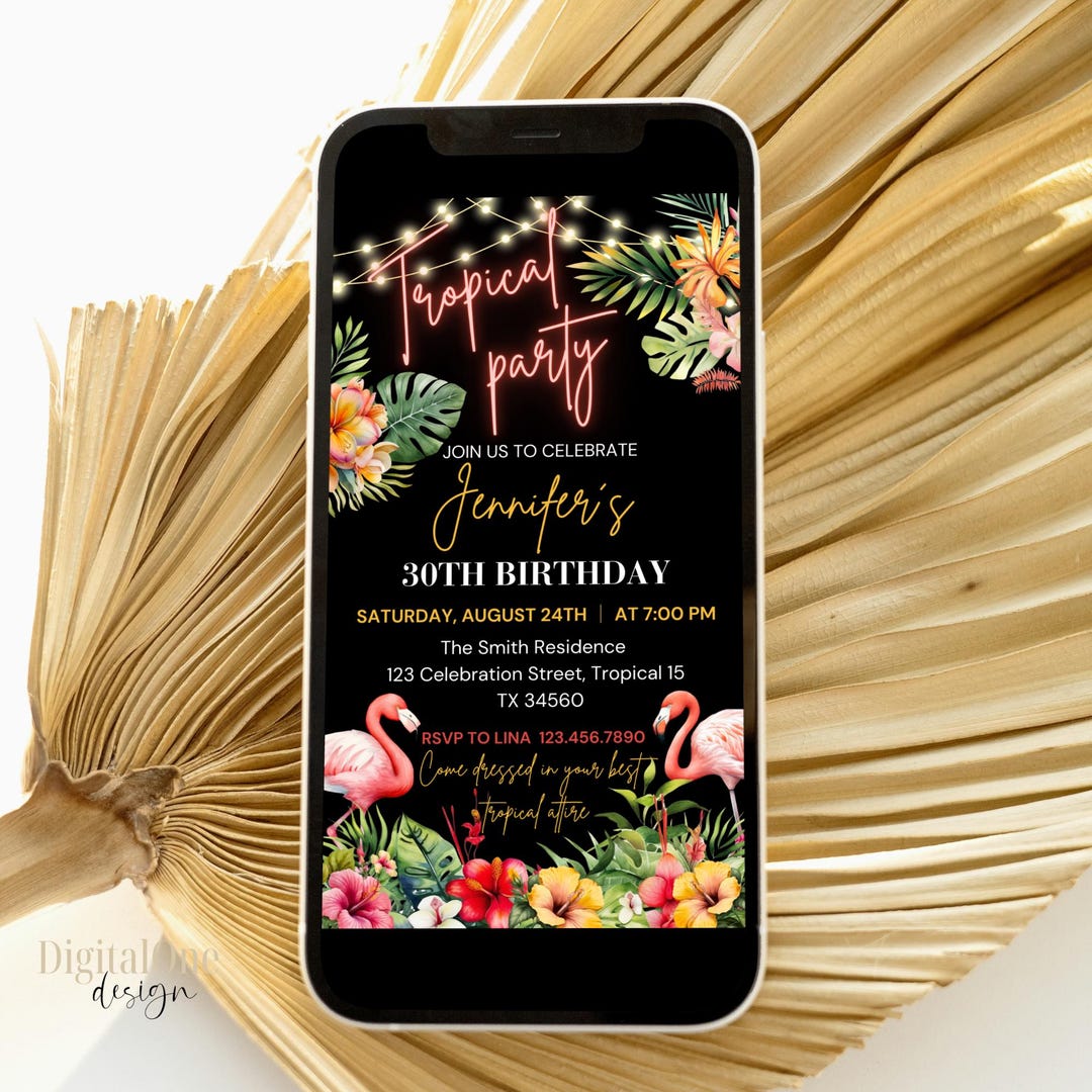 Vibrant Birthday Party Invitation, Tropical Party Theme, Flamingos ...