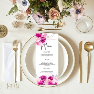 Hot Pink Floral Menu Card Template, Pink Birthday Menu, Hot Pink Floral ...