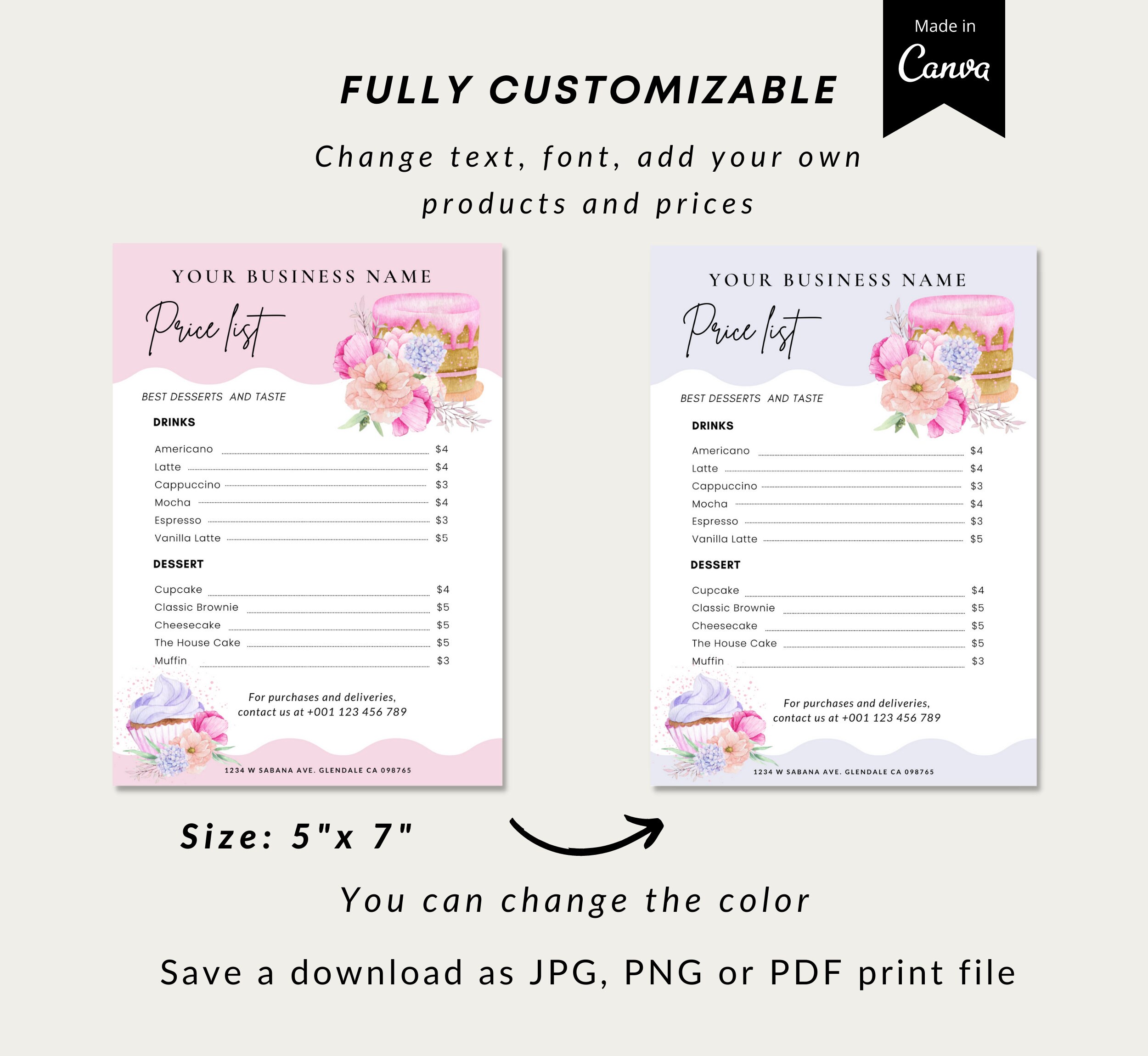 Bakery Price List Template, Cupcake Price List, Dessert Menu Template ...