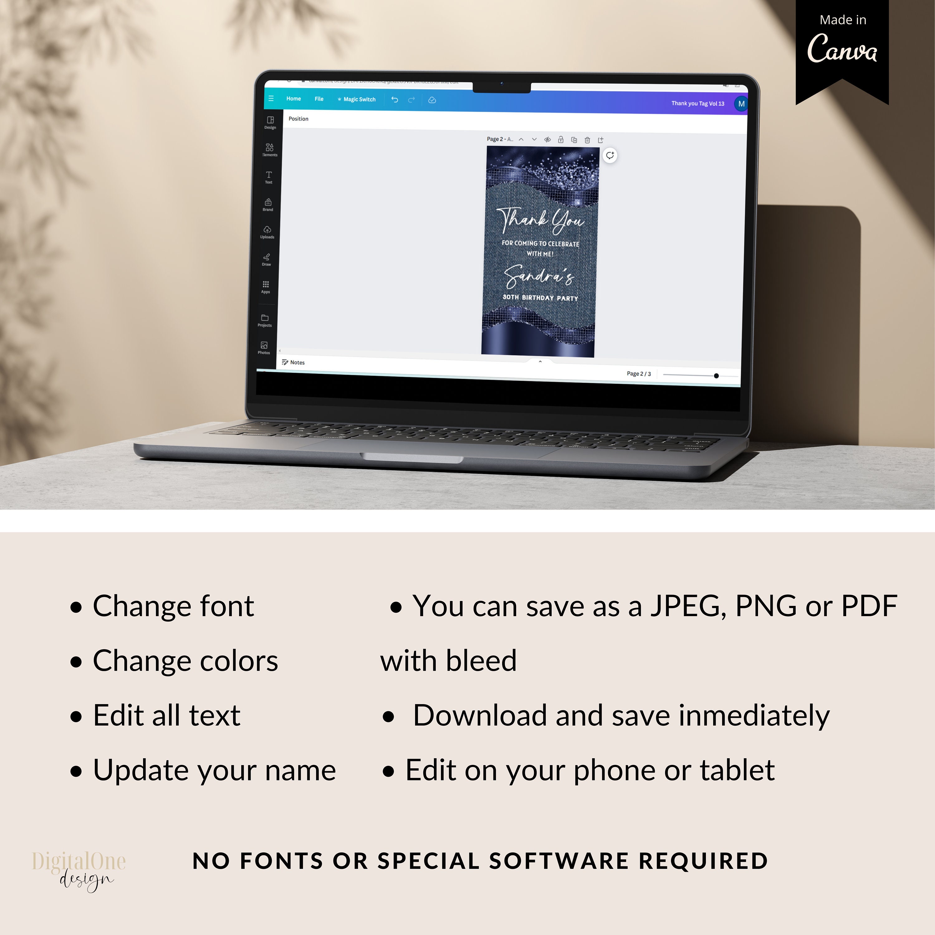 Denim Glitter Thank You Favor Tag Template, Editable Thank You Tag ...