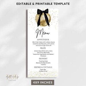 Editable Disco Ball Menu Card, Coquette Black Bow and Gold Disco Ball ...