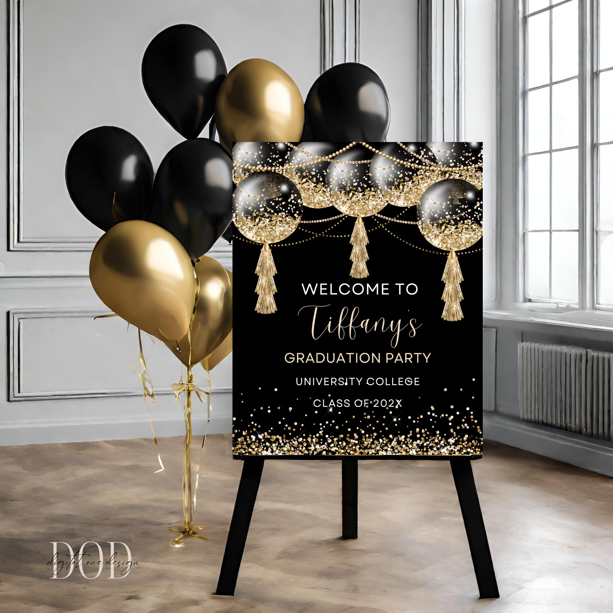 Elegant Graduation Party Welcome Sign, Gold Glitter & Black Balloons ...