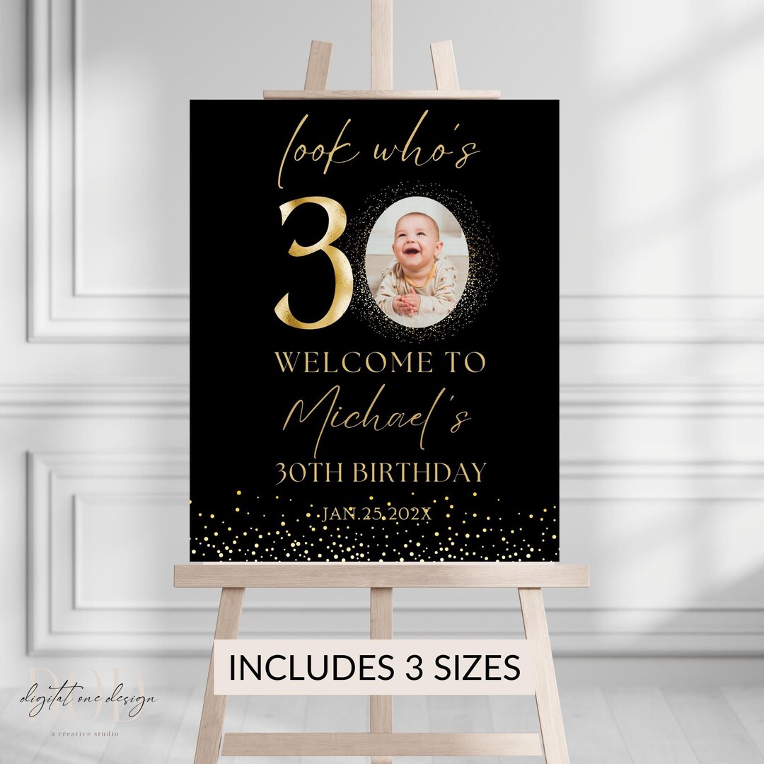 30th Birthday Welcome Sign, Look Whos 30, Gold Confetti, Editable ...