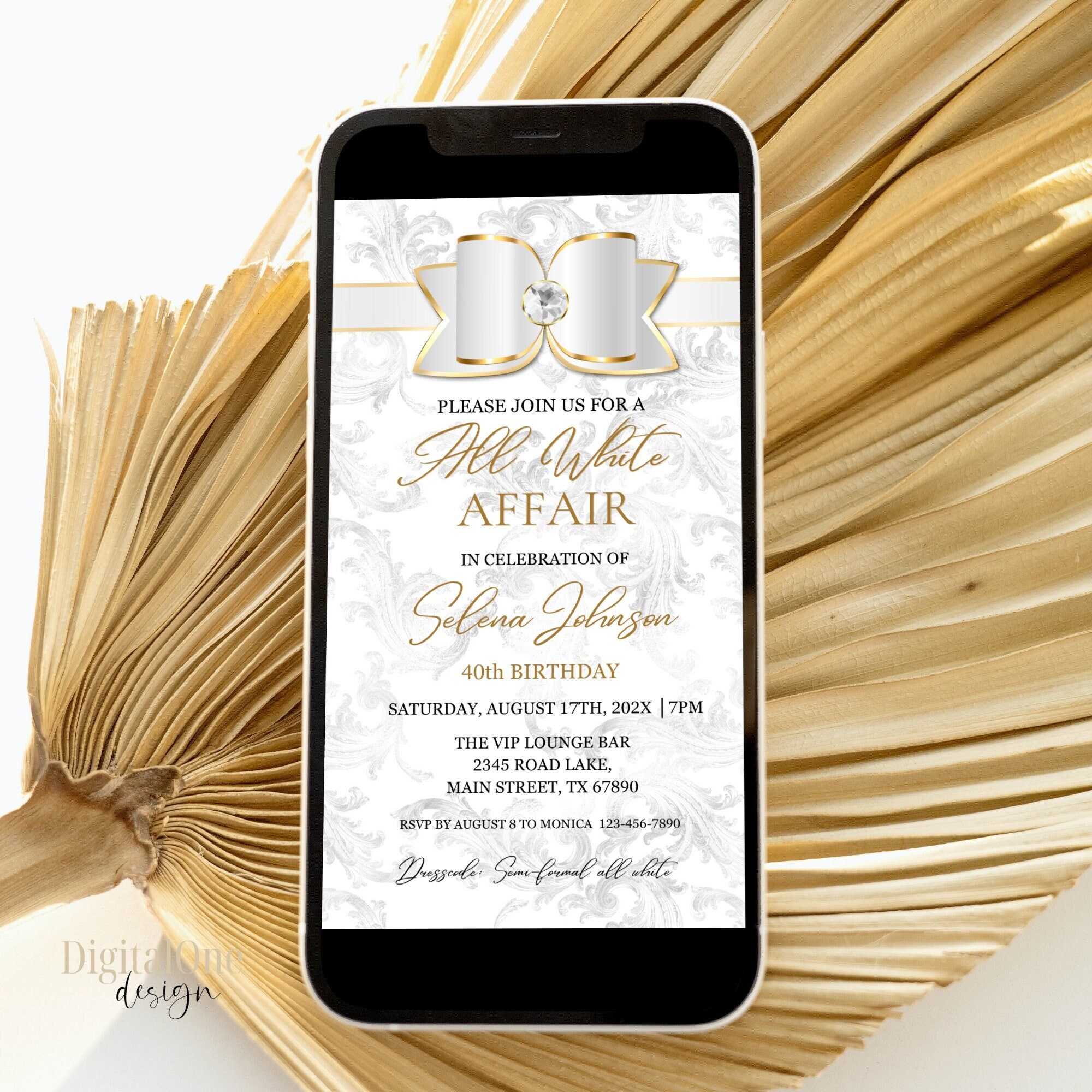 All White Affair Invitation Digital, White Gold Bow, All White Party ...