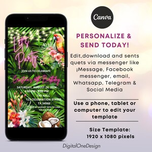 Digital Tropical Birthday Invitation, Neon Let's Party Palm Leaves ...