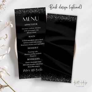 Editable Black Menu Card Template, Elegant Black Satin & Glitter Design ...