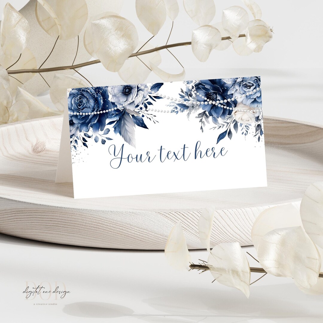 Elegant Blue Floral & Pearls Place Cards, Editable Place Cards ...