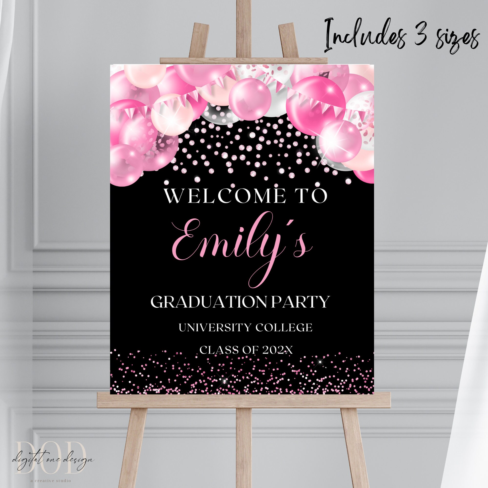 Editable Graduation Party Welcome Sign, Pink Balloons and Diamonds Grad ...