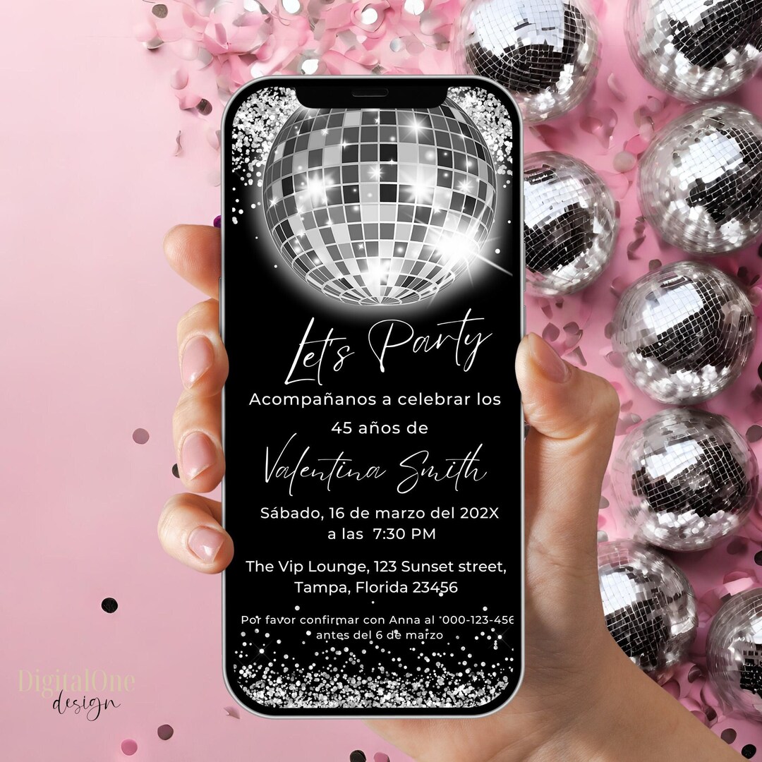 Spanish Disco Party Birthday Invitation, Disco Ball Silver, Any Age ...