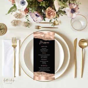 Glam Rose Gold Menu Card Template, Rose Gold & Black Theme Party ...