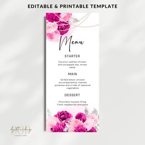 Hot Pink Floral Menu Card Template, Pink Birthday Menu, Hot Pink Floral ...