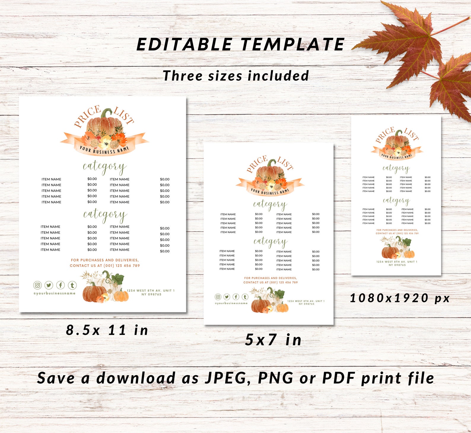 Pumpkin Price List Template, Bakery Menu Template, Autumn Fall Menu ...