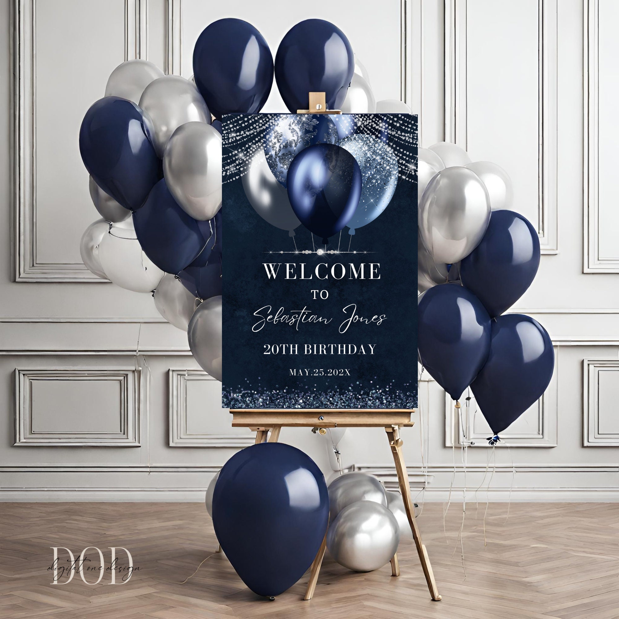 Editable Birthday Welcome Sign, Navy and Silver Balloon Design ...