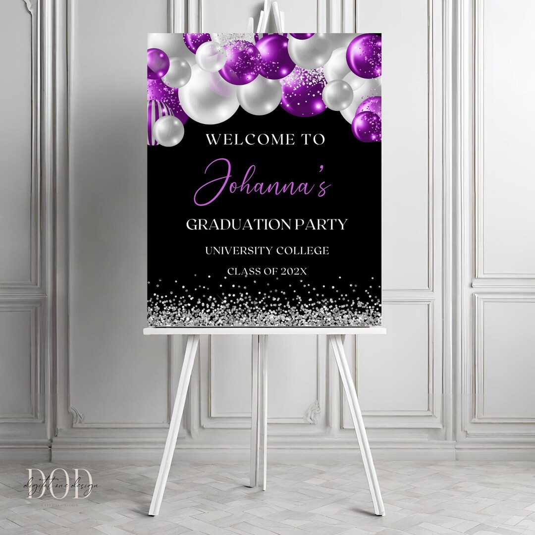 Graduation Party Welcome Sign, Purple & Silver Balloons, Graduation ...