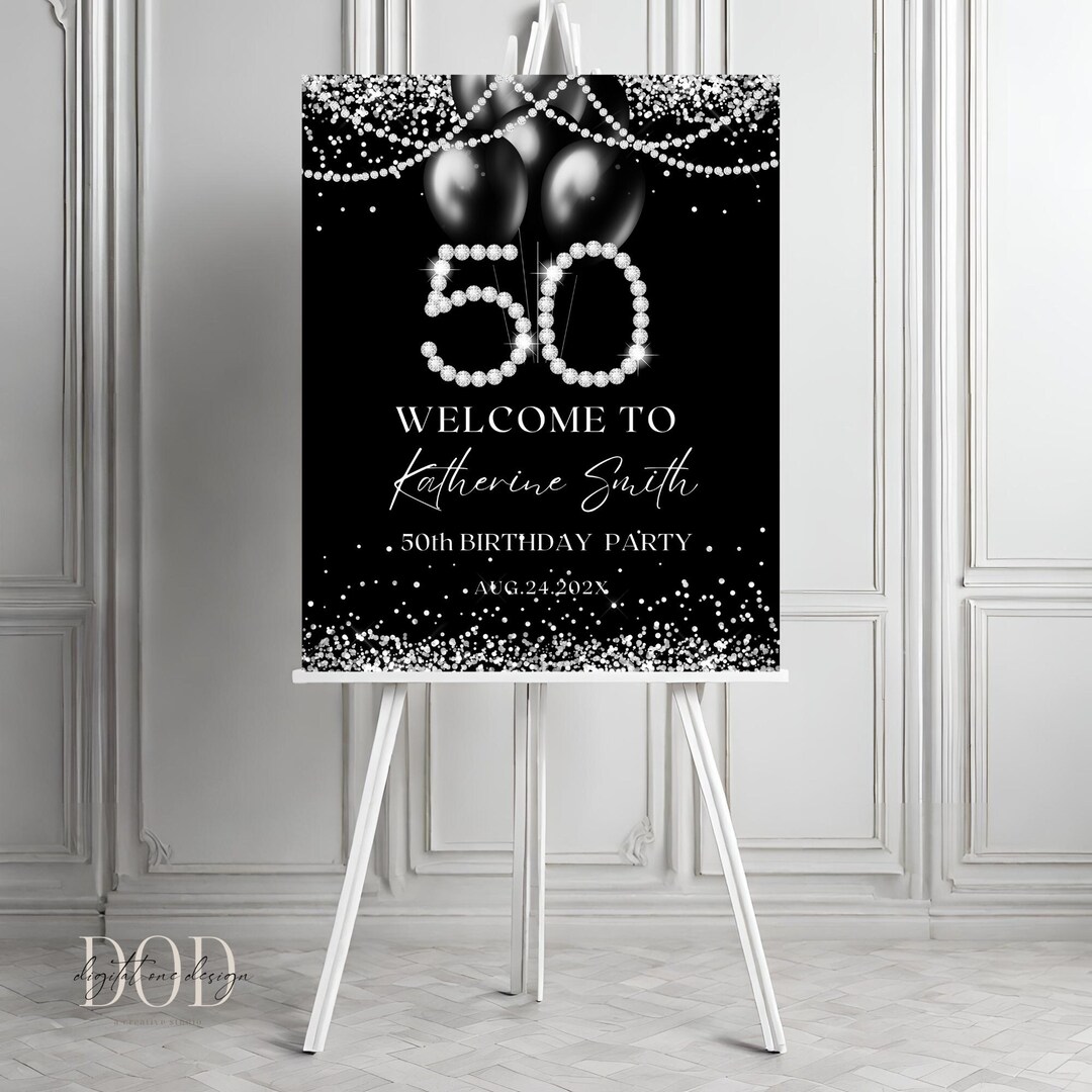 Elegant 50th Birthday Welcome Sign, Diamonds Theme, Black Balloons ...