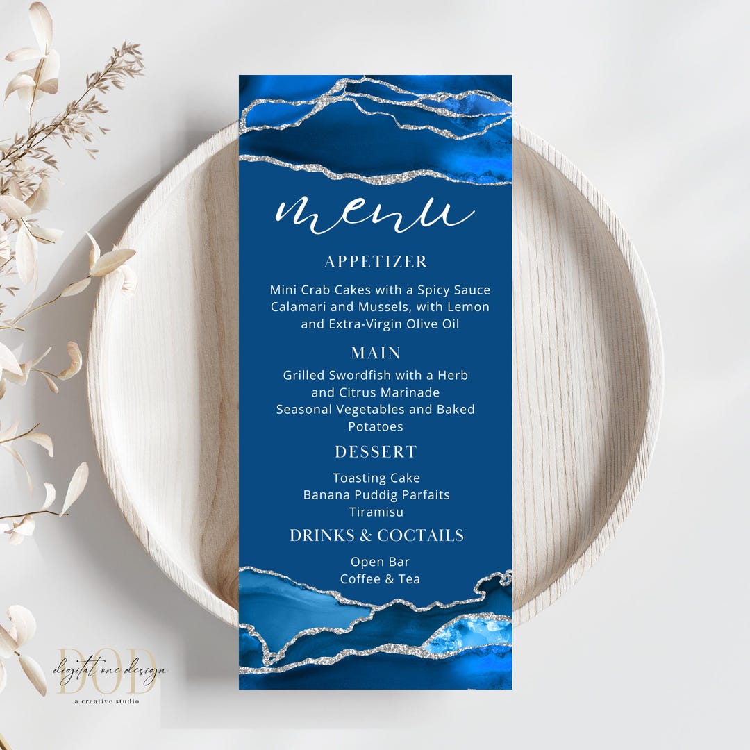 Royal Blue Menu Card Template, Elegant Dinner Party Menu Card, Royal ...