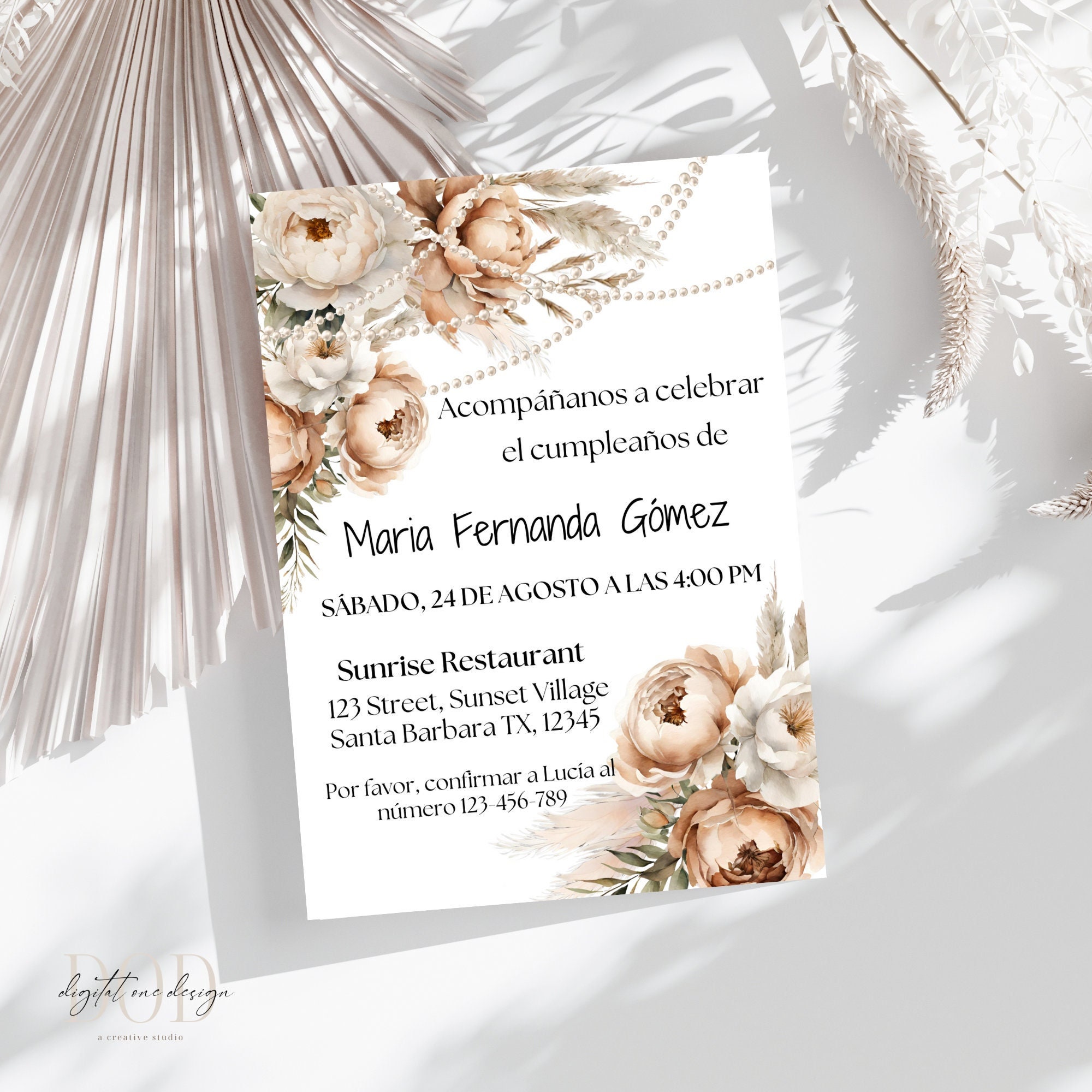 Spanish Boho Floral Birthday Invitation, Elegant Boho Floral and Pearls ...