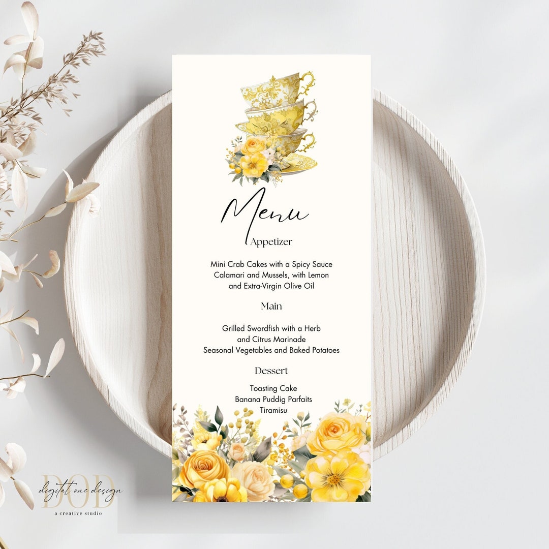 Elegant Floral Tea Menu Card, Editable Yellow Cup of Tea Design for ...