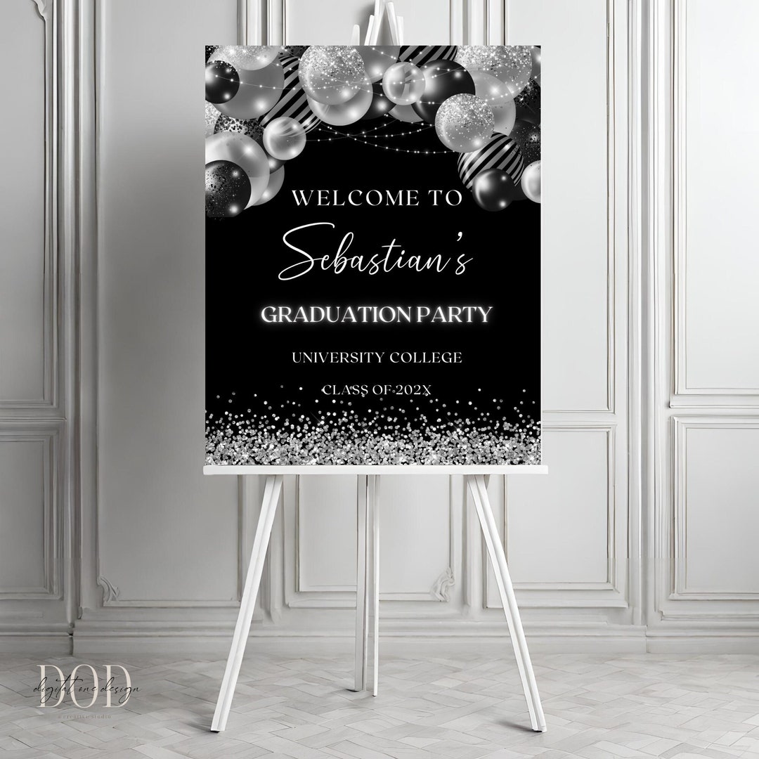 Graduation Party Welcome Sign, Black & Silver Balloons Glitter ...