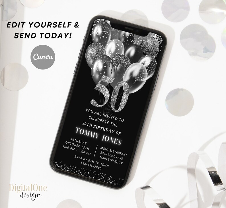 Electronic 50th Birthday Invitation, Black Silver Balloons Birthday ...