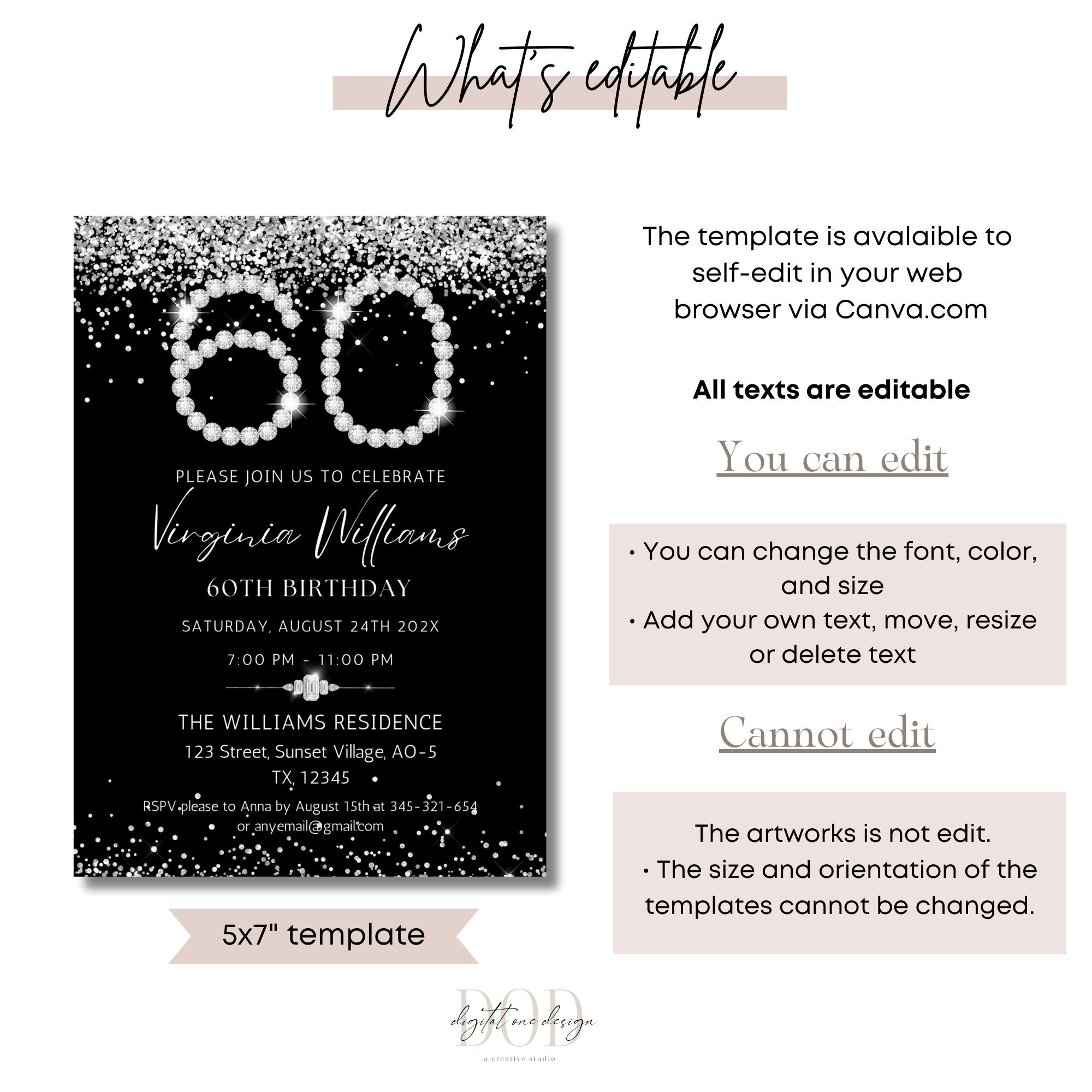 Diamonds 60th Birthday Invitation, Elegant Black & Glitter Silver Party ...
