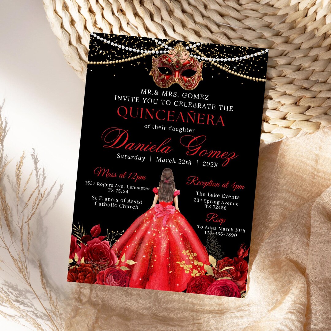 Elegant Quinceañera Invitation With Masquerade Princess Red Dress ...