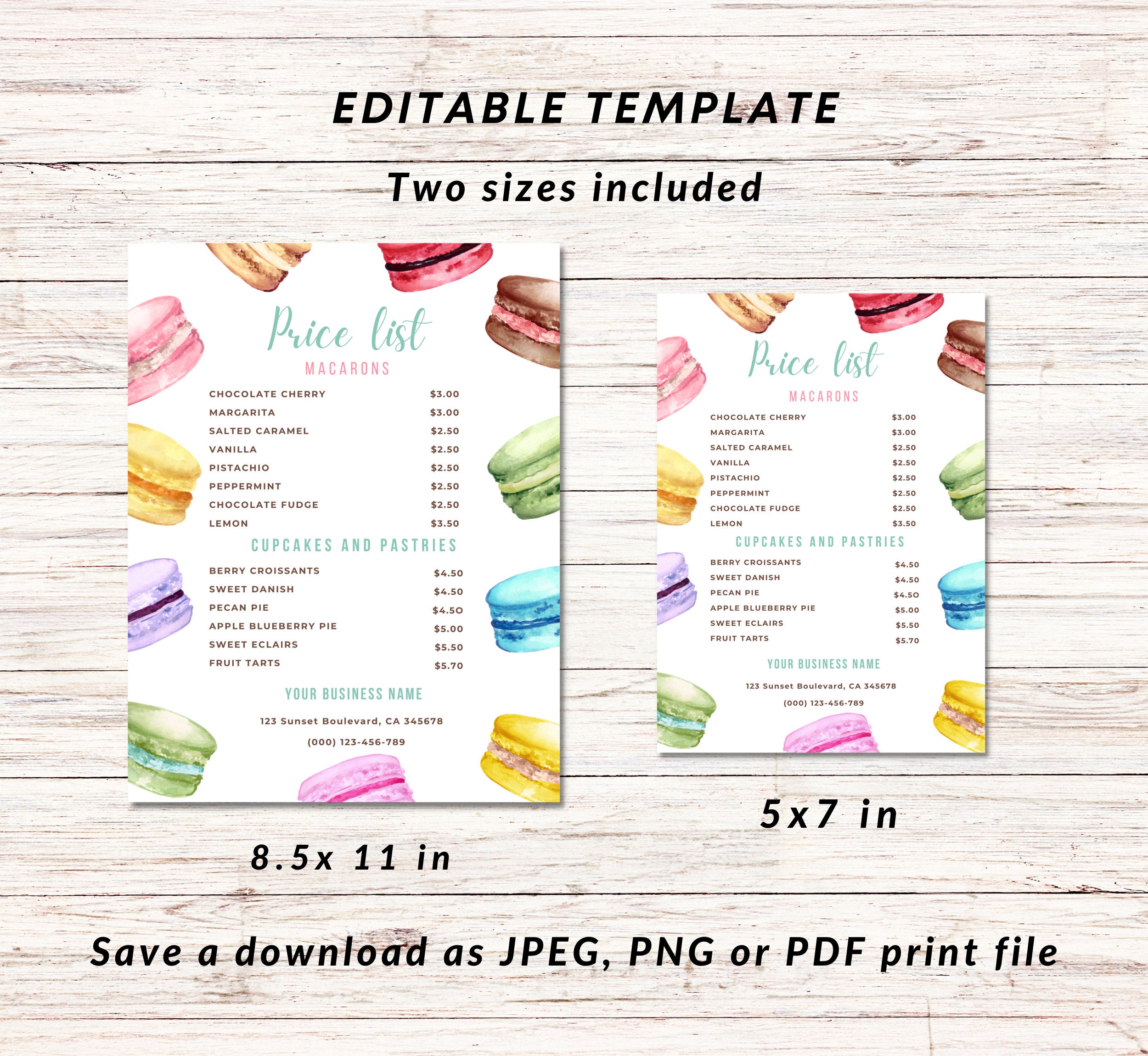 Macarons Price List Template, DIY Bakery Menu, Pastry Dessert Pricing ...