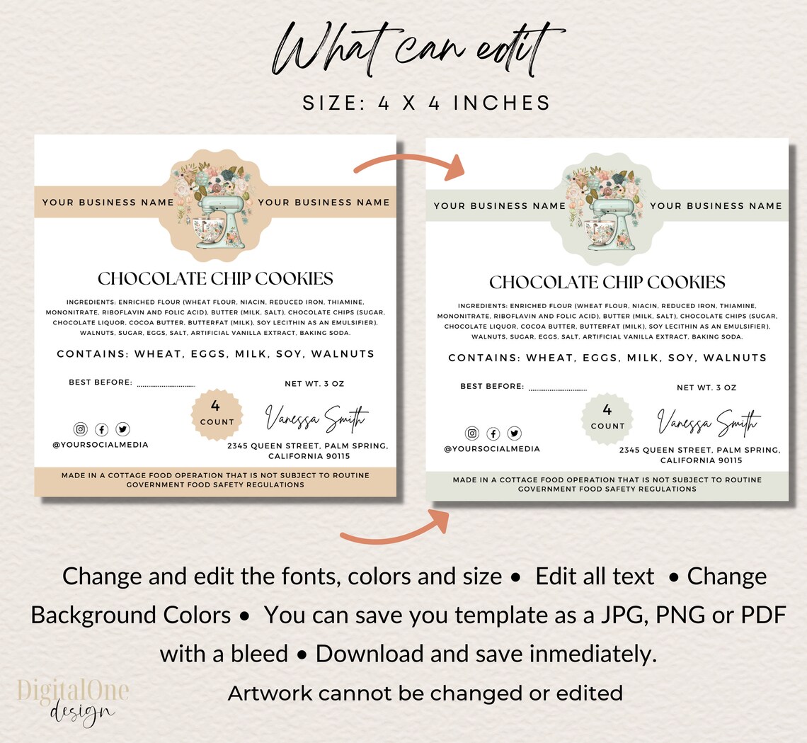 Editable Cottage Law Labels Template, Custom Home Bakery, Cookies ...