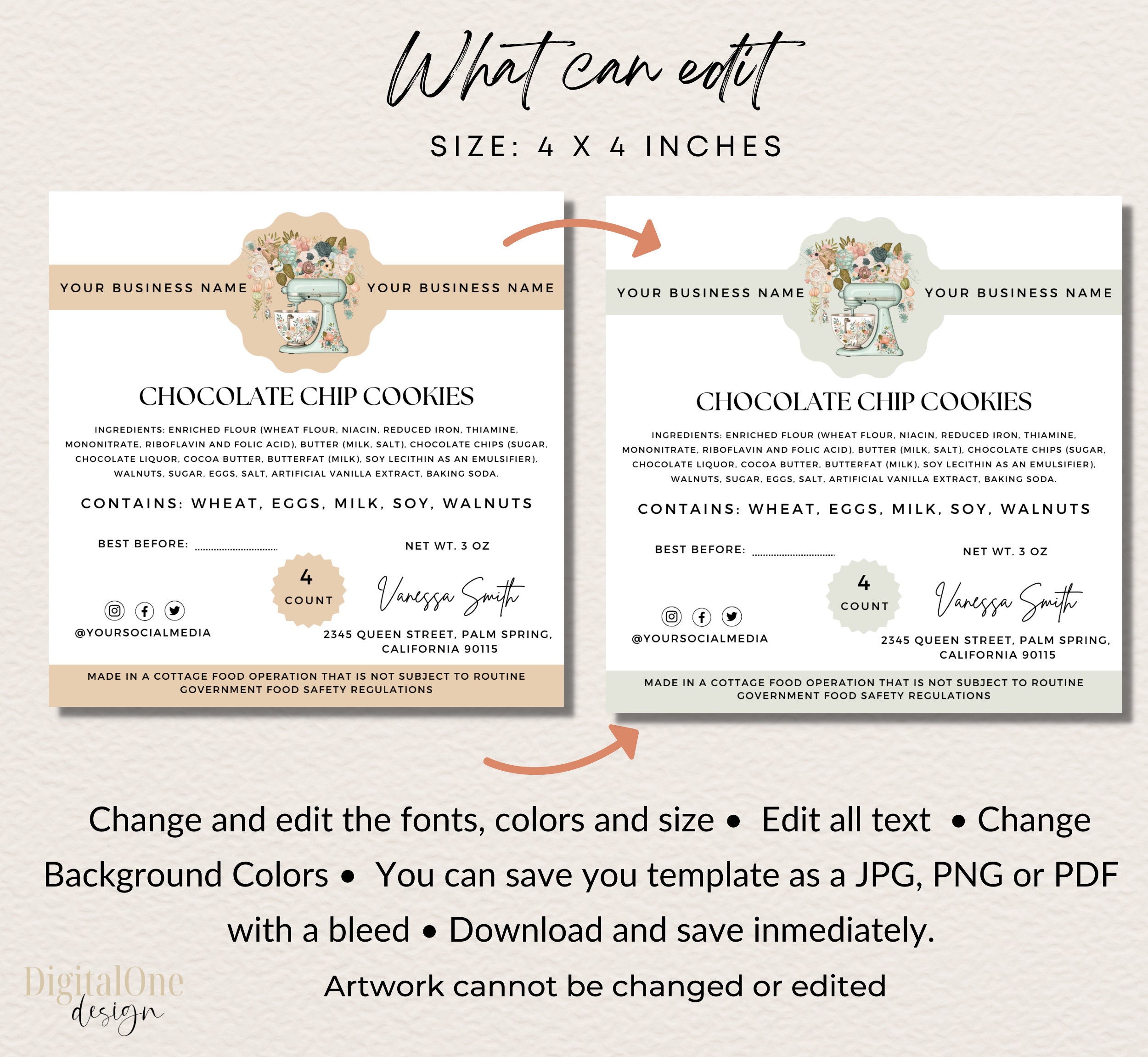 Editable Cottage Law Labels Template, Custom Home Bakery, Cookies ...