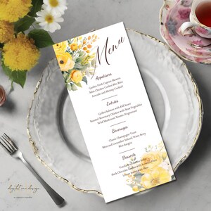 Floral Yellow Menu Card, Editable and Printable Template for Birthday ...