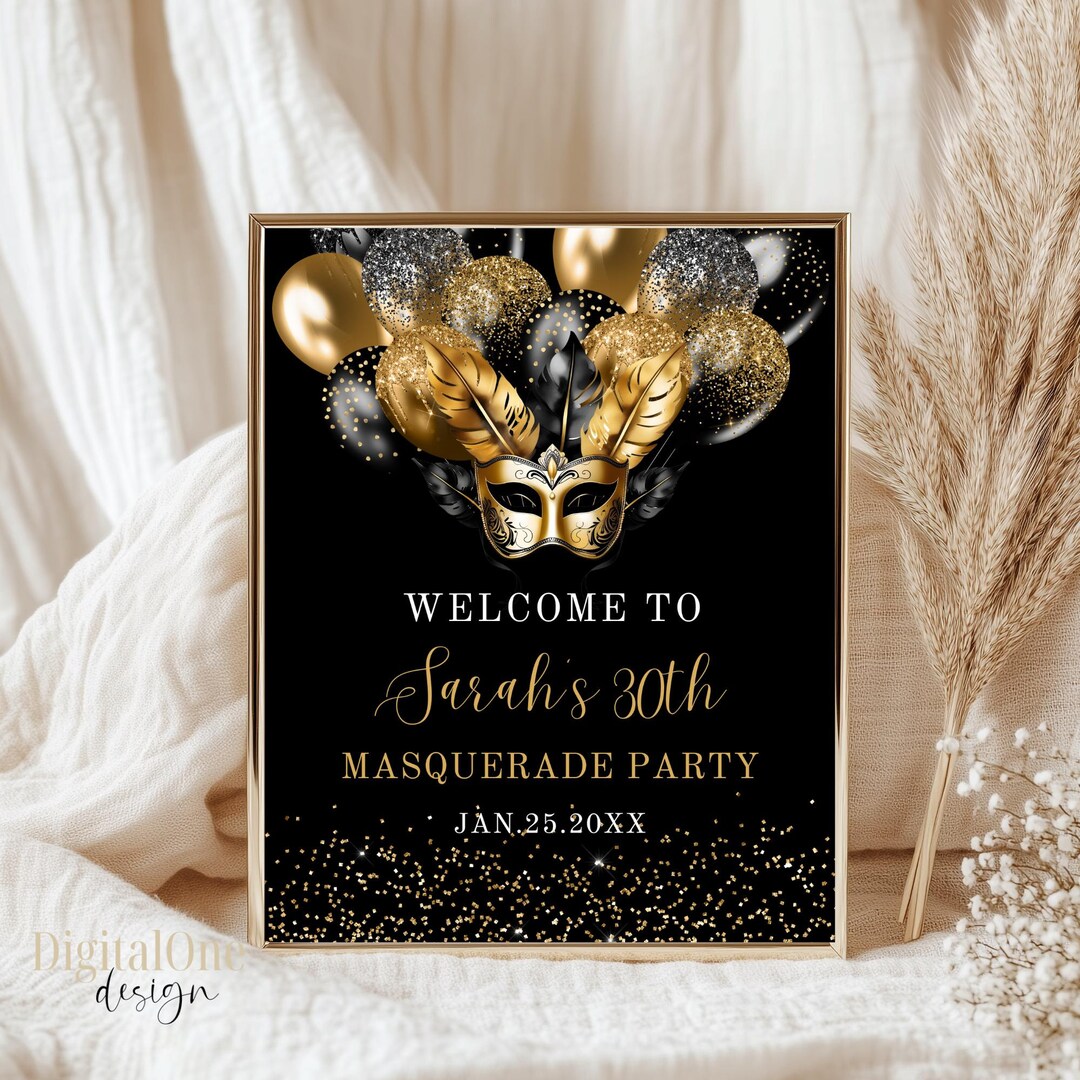 Black and Gold Masquerade Party Decorations, Editable Masquerade Sign ...