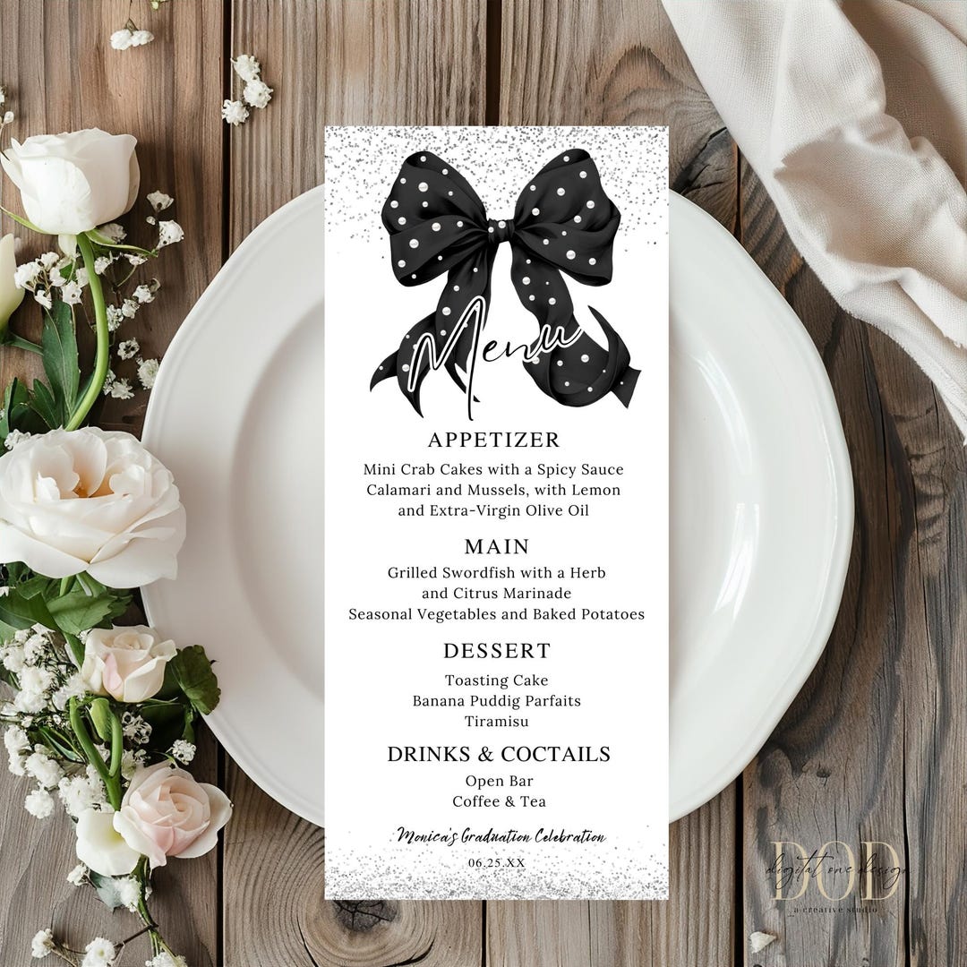 Elegant Black Bow Graduation Menu Card, Black Bow With Pearls Design ...