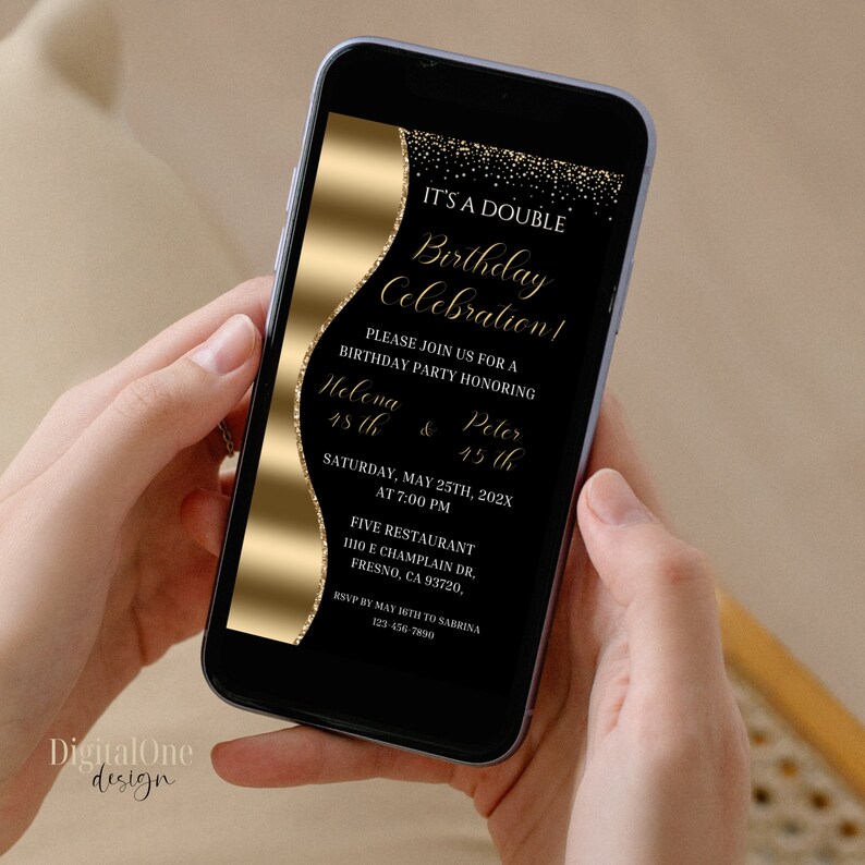 Editable Dual Birthday Party Invitation, Elegant Gold & Black Wave ...