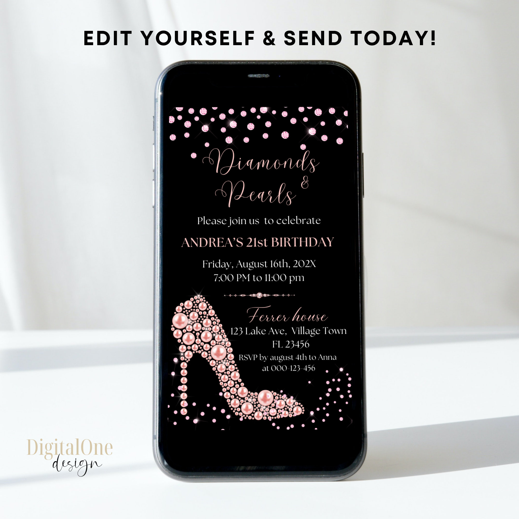Elegant Pink Diamonds & Pearls Invitation, Glamorous Pink Heel Pearls ...