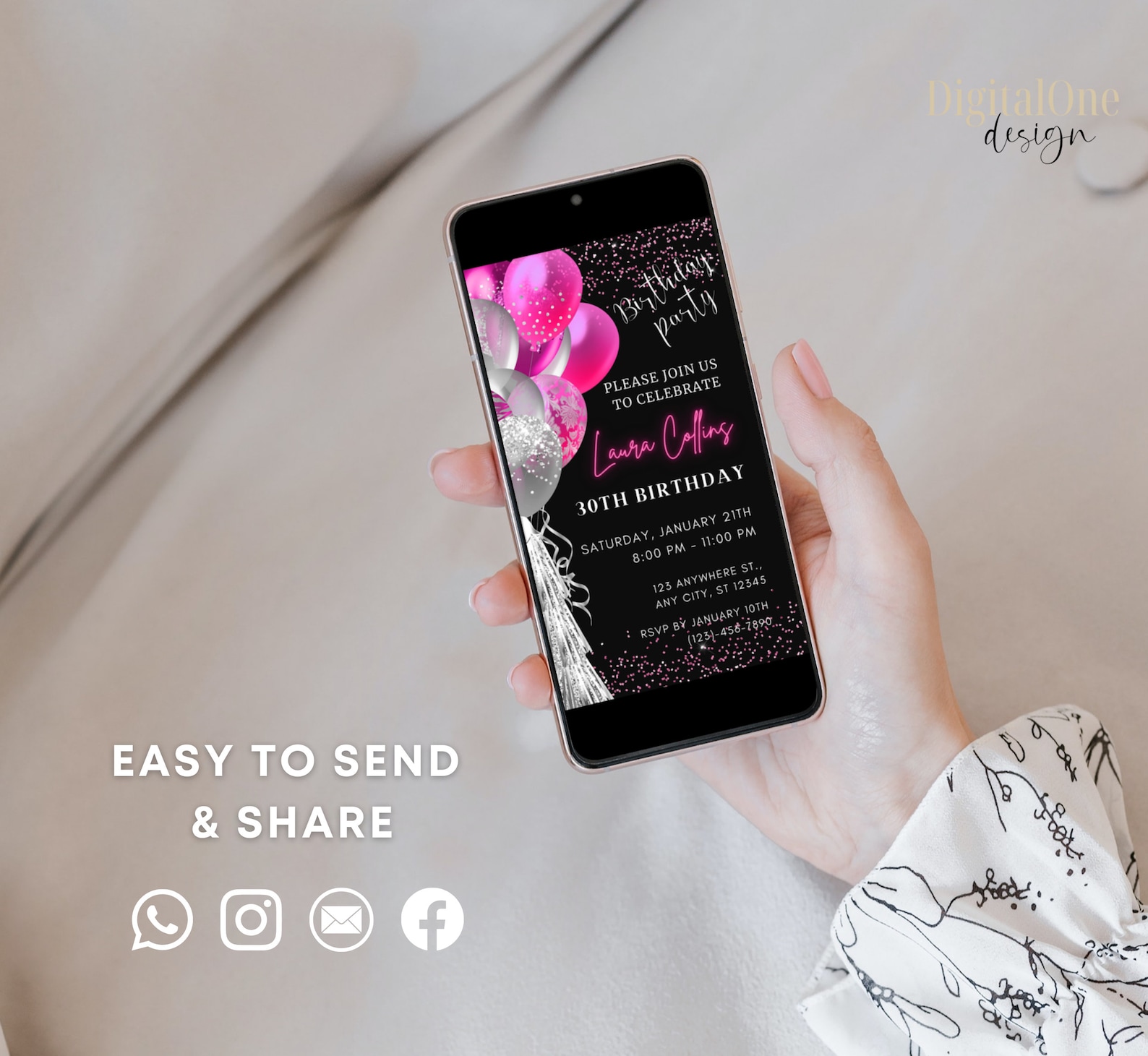 Birthday Electronic Invite, Fuchsia Silver Balloons, Editable Birthday ...