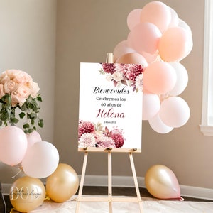 Spanish Birthday Welcome Sign, Dahlias Burgundy and Pink, Welcome ...