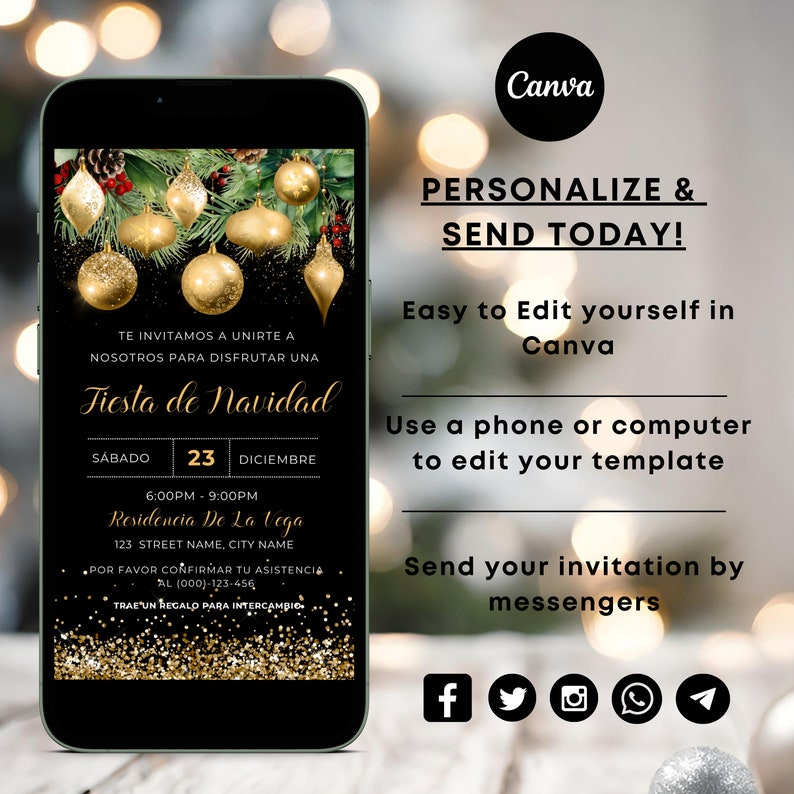 Spanish Christmas Party Electronic Invitation, Invitacion Fiesta De Navidad, Editable Spanish ...