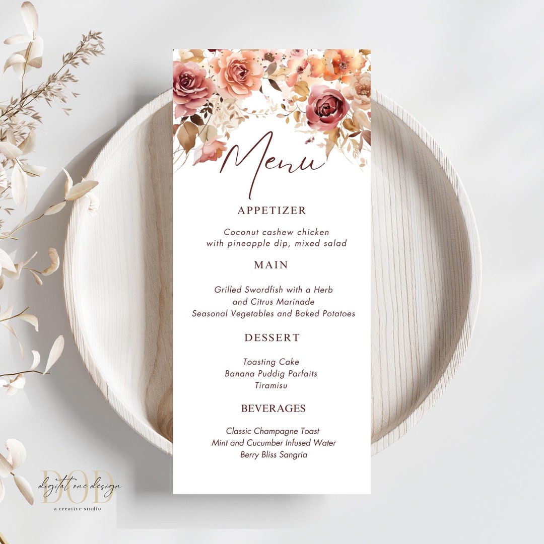 Autumn Floral Menu Card Template, Elegant Floral Menu Card, Fall Party ...
