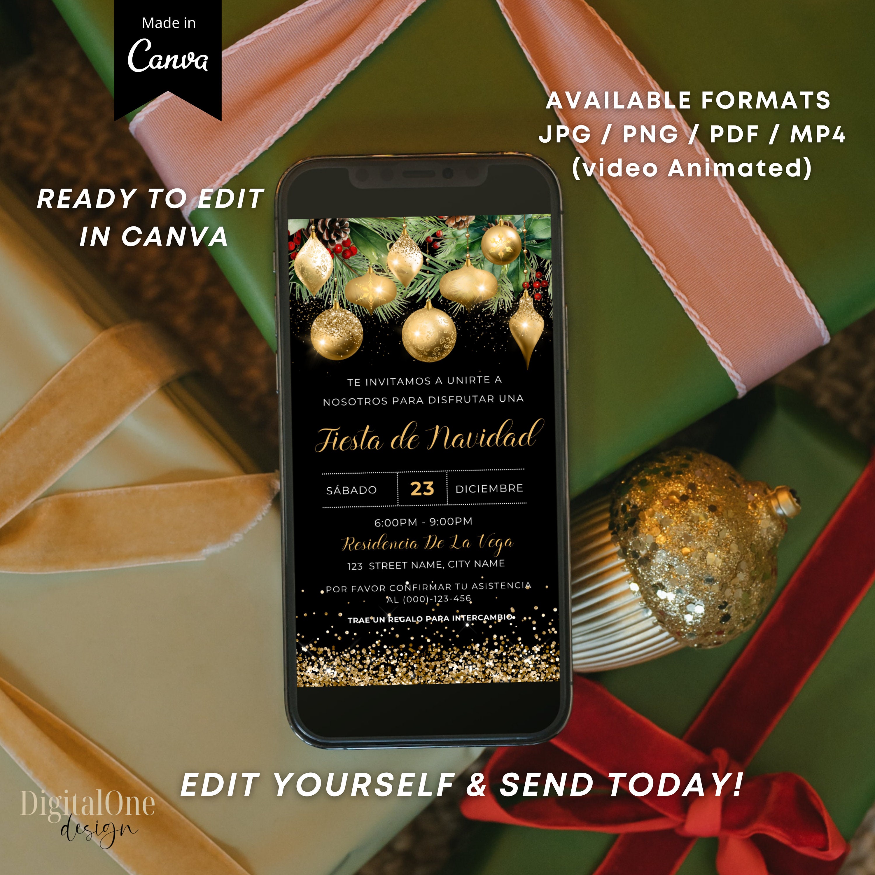 Spanish Christmas Party Electronic Invitation, Invitacion Fiesta De Navidad, Editable Spanish ...