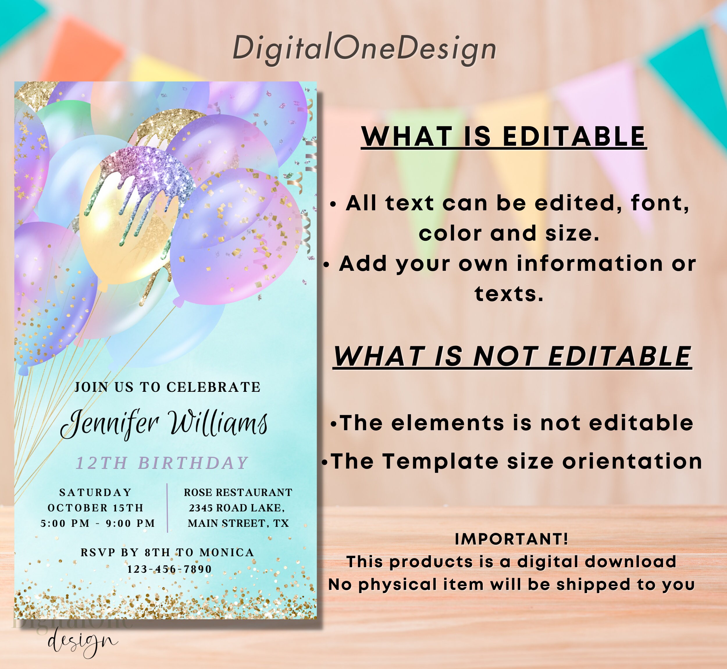 Digital Balloons Birthday Party Invitation Iridescent - Etsy